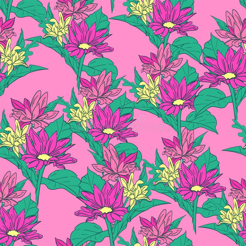 Multi-colored Flowers Background Print for Textile. the Drawn Flowers ...