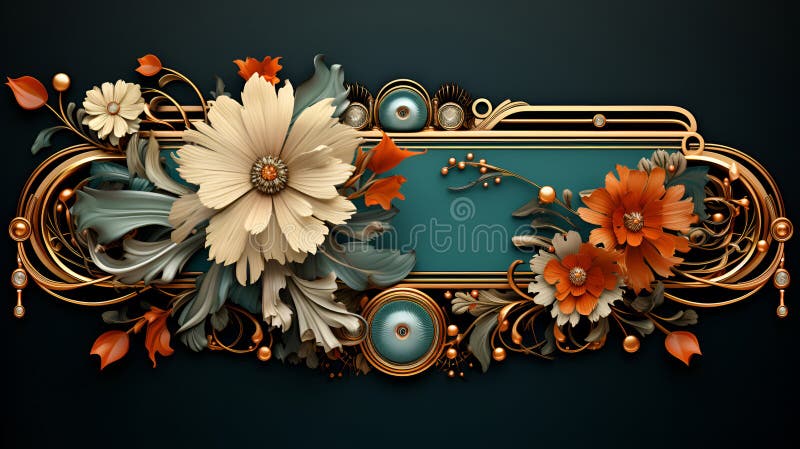 Multi-colored Flowers on a Green Background in Art Deco Style, Golden ...