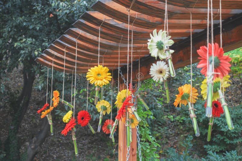 Multi-colored Flowers are Suspended from a Wooden Roof Stock Photo ...