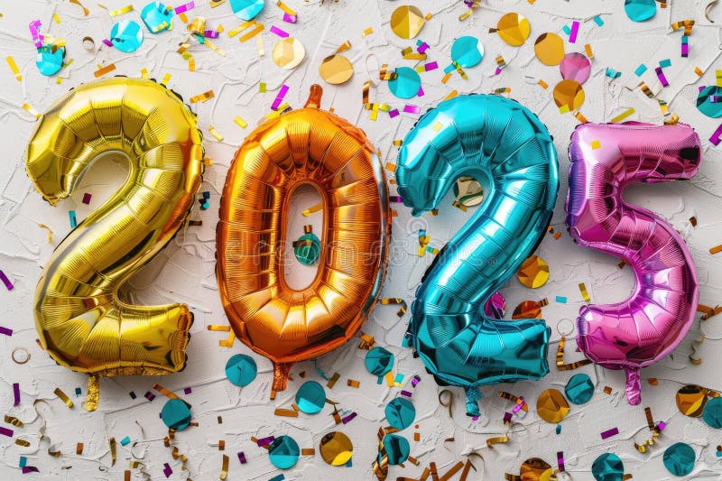 Multi-colored Foil Balloons in the Shape of Numbers 2025 on a White ...