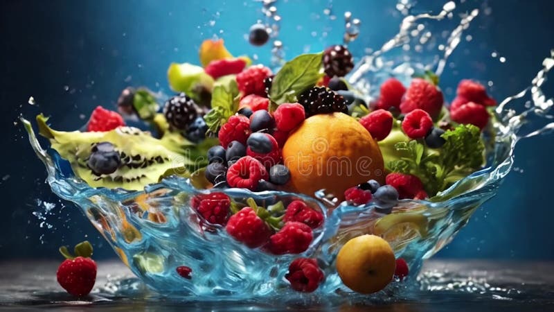 Multi-colored Fruits and Vegetables Splash into a Pool of Pristine Blue ...