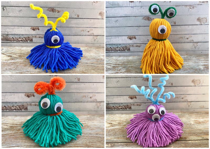 4 Multi-colored, Funny Monsters with Funny Eyes, Made of Yarn, Children ...