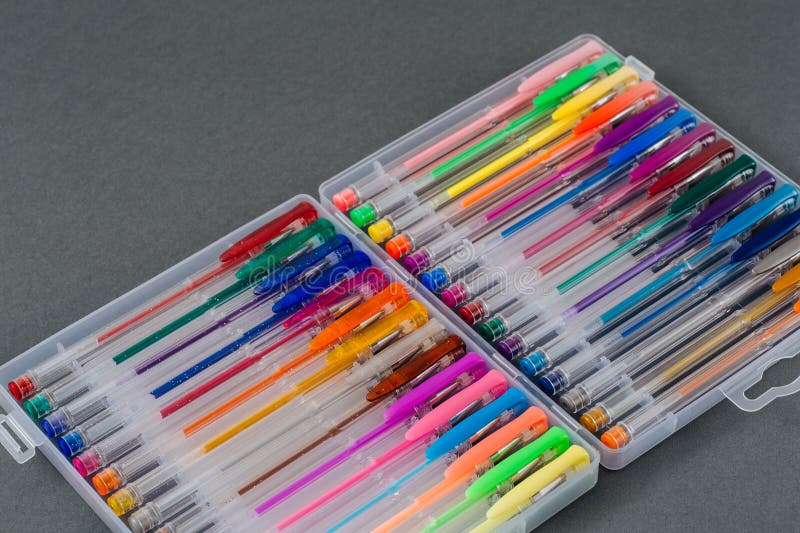 Multi-colored gel pens. stock image. Image of child - 269748993
