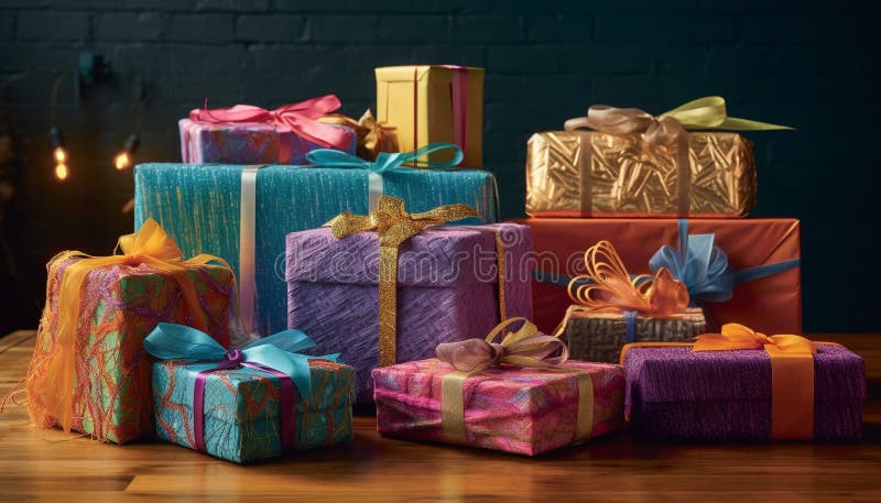 Multi Colored Gift Box Stack on Wood Table, Wrapped in Shiny Paper ...