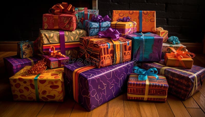 Multi Colored Gift Box Stack Wrapped in Ornate Paper on Table ...