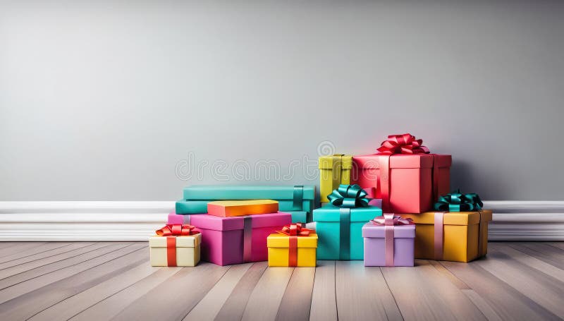 Multi-colored Gift Boxes in an Empty Room. Concept Gifts for Birthdays ...