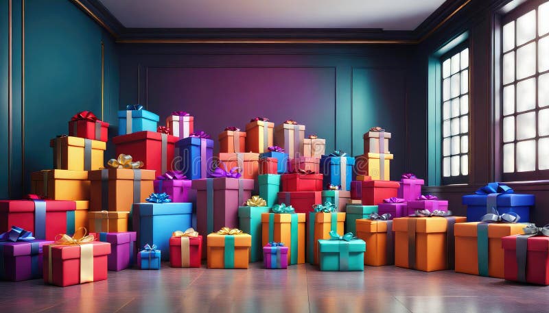 Multi-colored Gift Boxes in an Empty Room. Concept Gifts for Birthdays ...