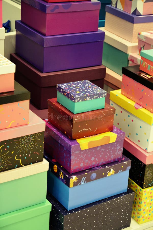 Multi-colored Gift Boxes. Holiday Packaging Stock Photo - Image of font ...