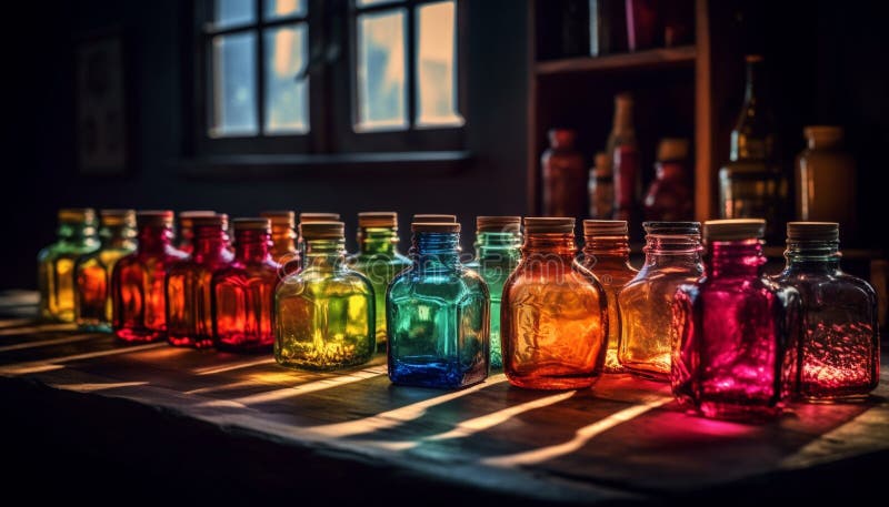 Multi Colored Glass Bottles on Wooden Table Generative AI Stock ...