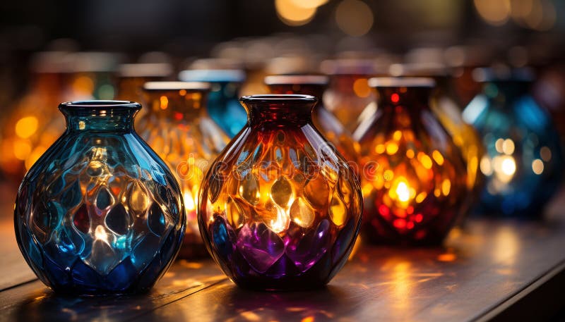 Multi Colored Glass Vase on Wooden Table Illuminated Generated by AI ...