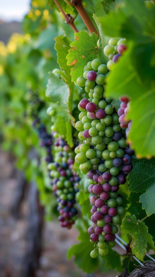 Multi-colored Grape Clusters in a Vineyard Setting Stock Illustration ...