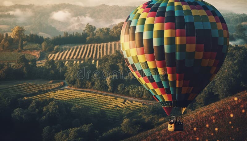Multi Colored Hot Air Balloon Floats Mid Air Over Mountain Landscape ...