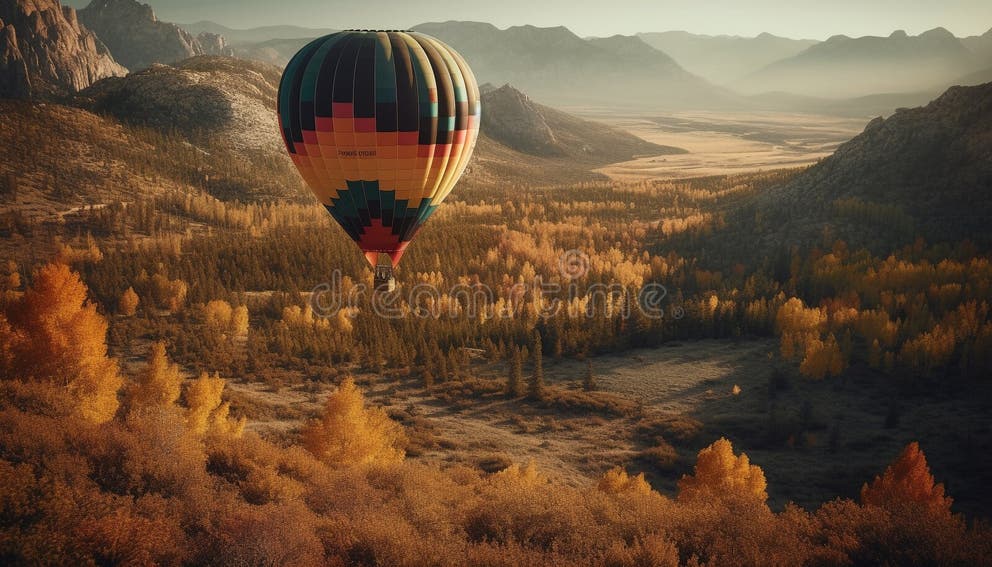 Multi Colored Hot Air Balloon Flying High Over Mountain Range Generated ...