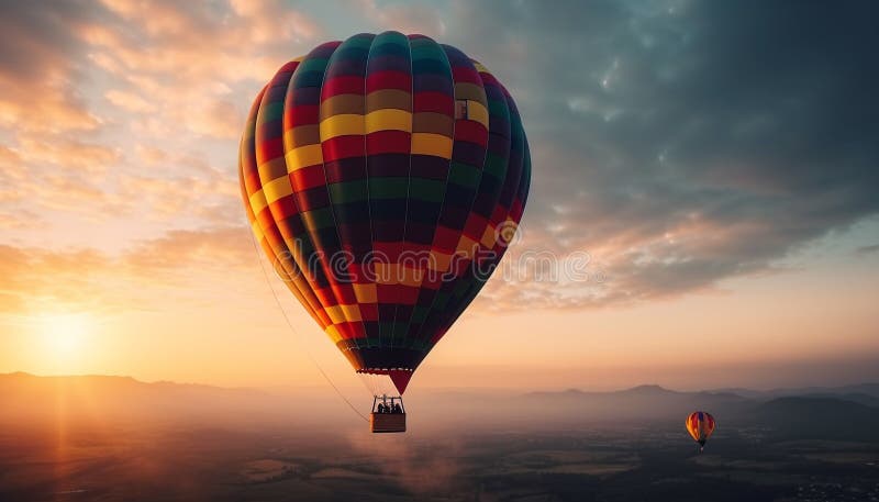 Multi Colored Hot Air Balloon Gliding Mid Air Over Mountain Landscape ...