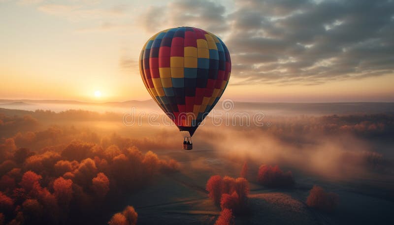 Multi Colored Hot Air Balloon Soars Mid Air Over Mountain Landscape ...
