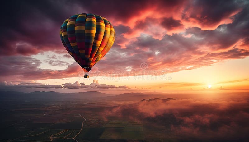 Multi Colored Hot Air Balloon Soars Mid Air Over Mountain Landscape ...