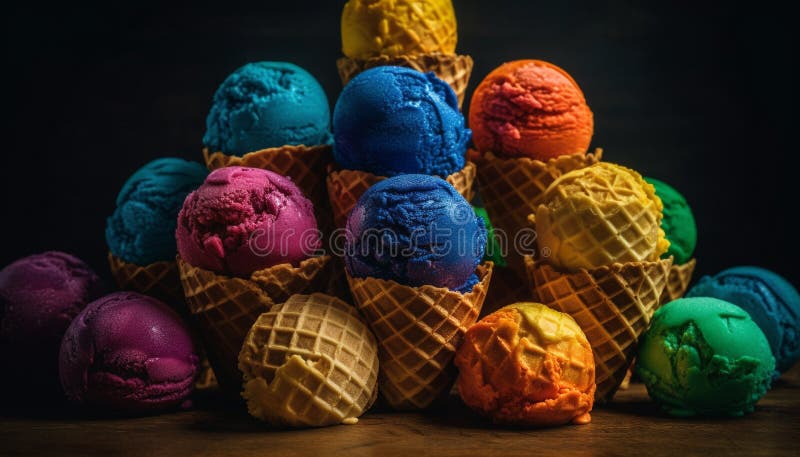 Multi Colored Ice Cream Balls on Cones, a Gourmet Indulgence Generated ...