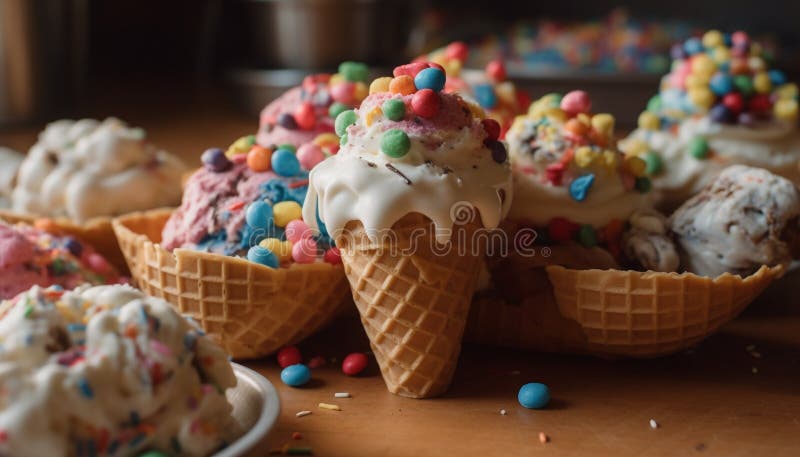Multi Colored Ice Cream Cone with Chocolate, Cream, and Fruit Toppings ...
