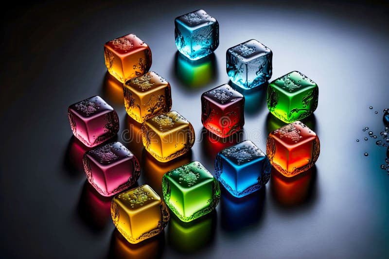 Multi-colored Ice Cubes Laid Out on Dark Glossy Table Stock ...
