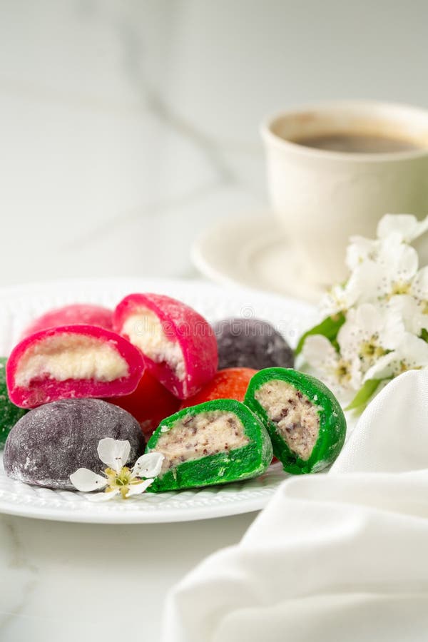 Multi-colored Japanese Cakes Mochi in a White Plate Stock Image - Image ...