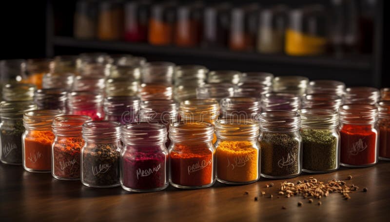 Multi Colored Jars of Spices Line Kitchen Shelves Generated by AI Stock ...