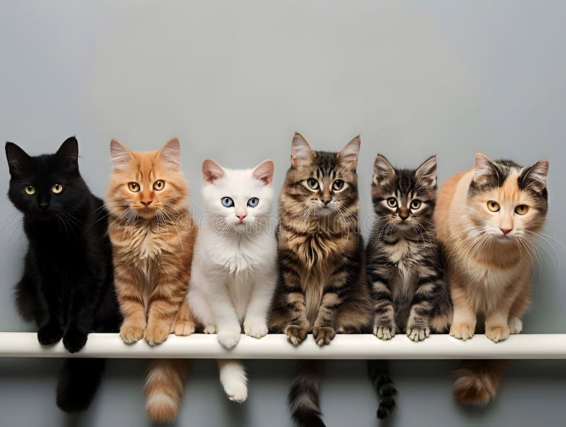 Multi-colored Kittens Sit in a Row. Artificial Intelligence. Stock ...