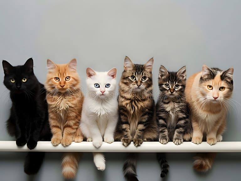 Multi-colored Kittens Sit in a Row. Artificial Intelligence. Stock ...