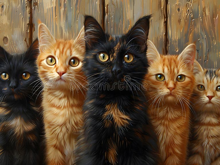 Multi-colored Kittens Sit in a Row. Artificial Intelligence. Stock ...