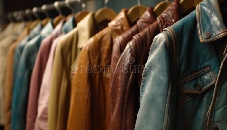 Multi Colored Leather Jacket Collection in a Modern Clothing Store ...