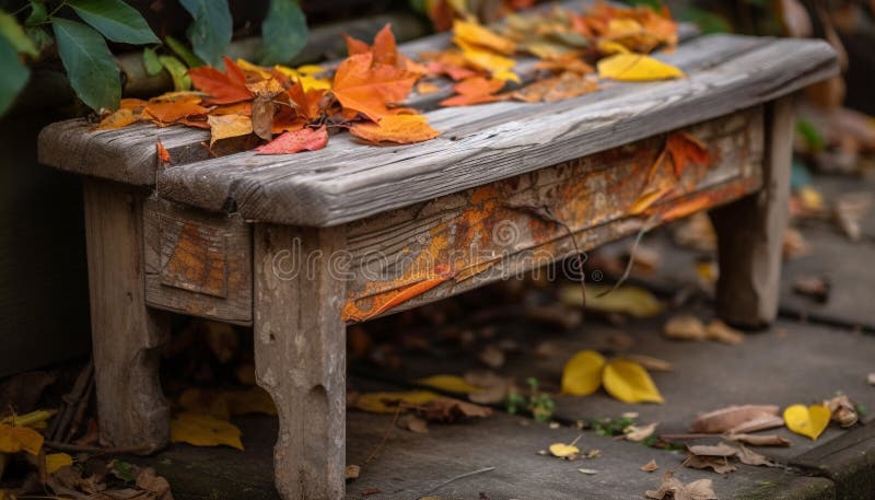 Multi Colored Leaves Falling on Rustic Old Bench Generated by AI Stock ...