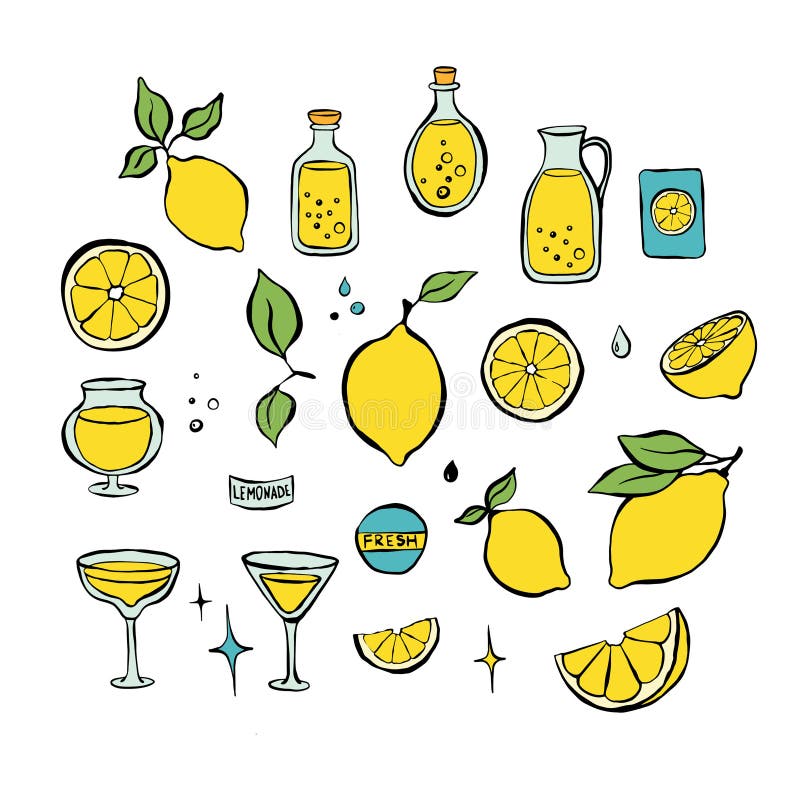 Hand Drawn Line Illustration of Lemonades and Juicy Lemones in a ...