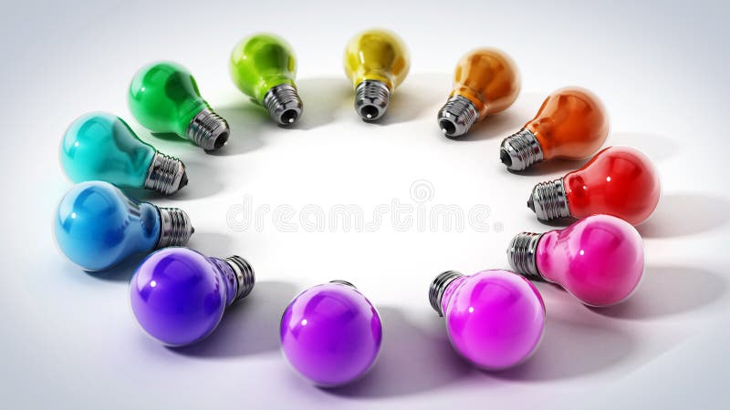 Multi Colored Lightbulbs in Circle Formation. 3D Illustration Stock ...
