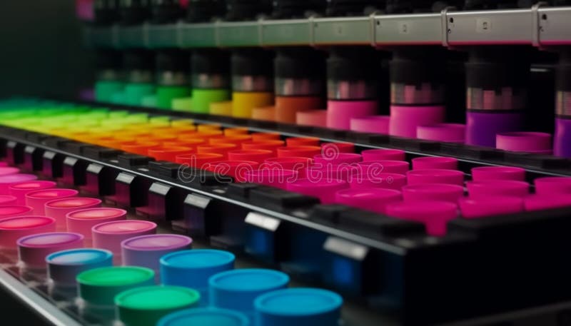 Multi Colored Liquid Paint in a Row, Close Up in Laboratory Equipment ...