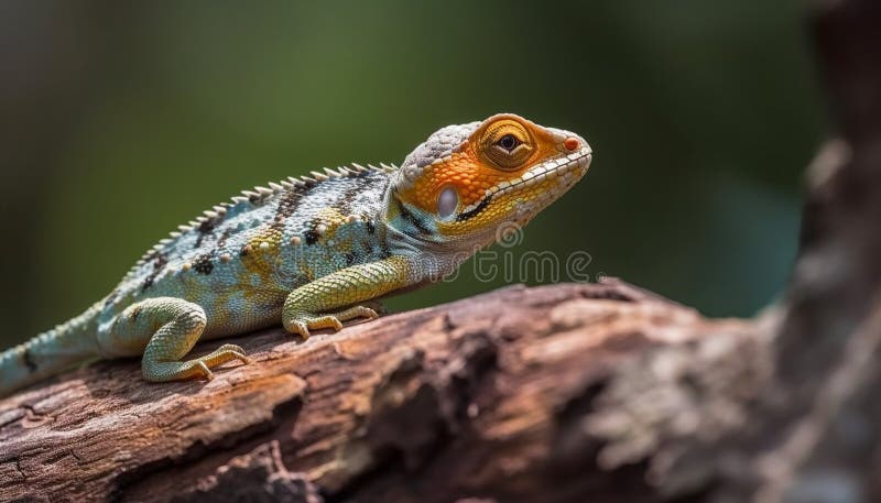 Multi Colored Lizard Perching on Branch in Tropical Rainforest Habitat ...