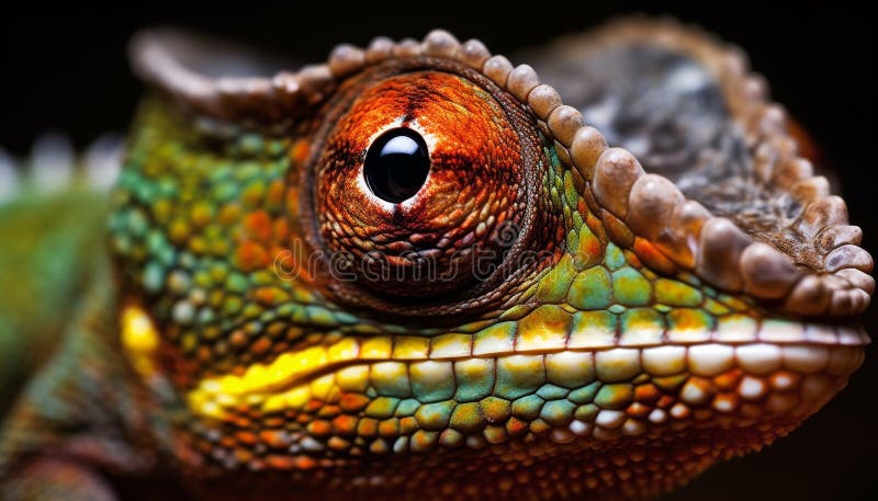 Multi Colored Lizard in Tropical Forest, Close Up of Horned Head ...