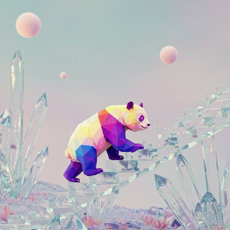 A Multi-colored, Low-poly Panda Ascends Crystalline Stairs Against a ...