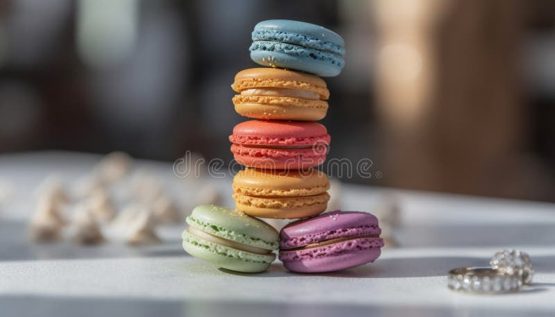 Multi Colored Macaroons Stacked on Rustic Wood Plate Generated by AI ...
