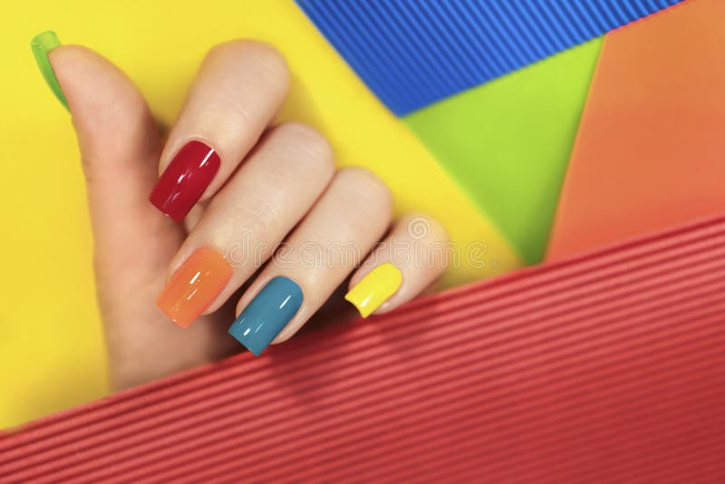 Multi-colored Manicure on the Square Shape. Stock Photo - Image of blue ...