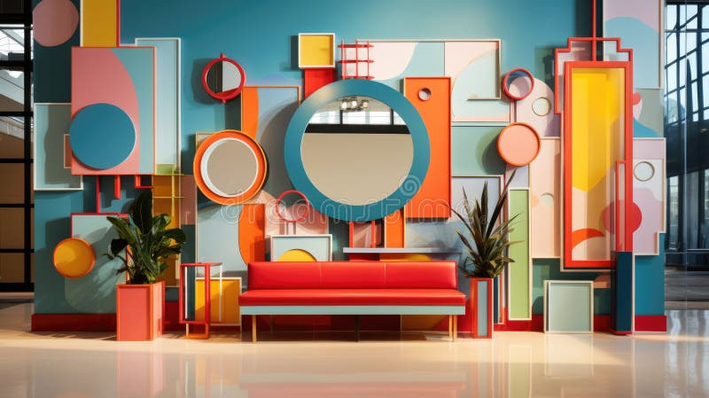 Multi-colored Memphis Style Interior with Mirror Stock Image - Image of ...