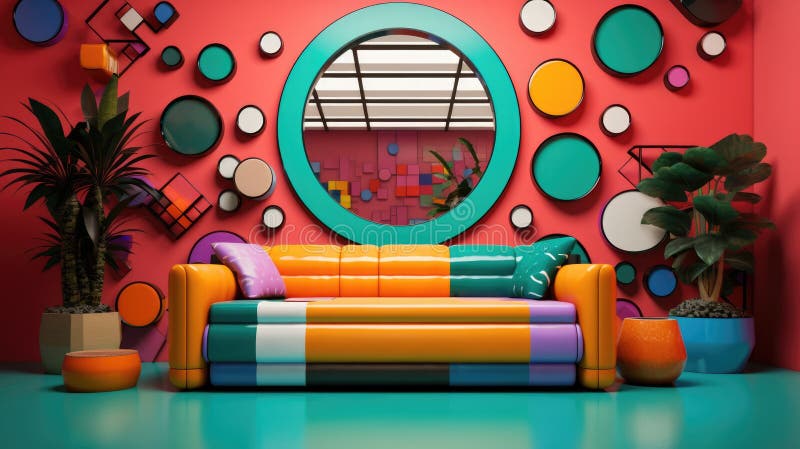Multi-colored Memphis Style Interior with Mirror Stock Image - Image of ...