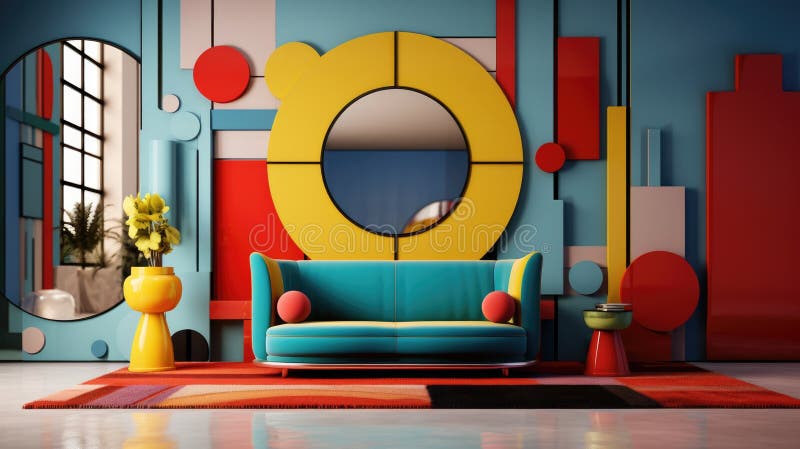 Multi-colored Memphis Style Interior with Mirror Stock Image - Image of ...