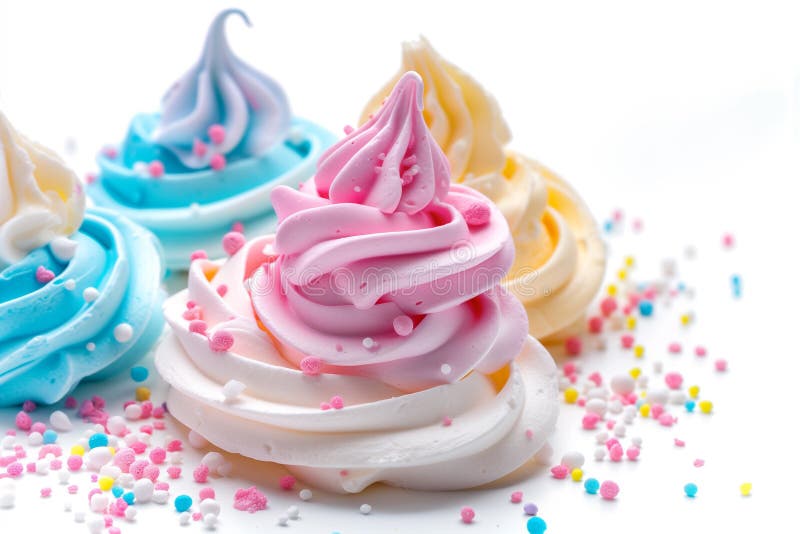 Multi-colored Meringue with Cream on a White Background Stock ...