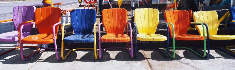 Multi-colored Metal Lawn Chairs. Stock Photo - Image of lavender ...