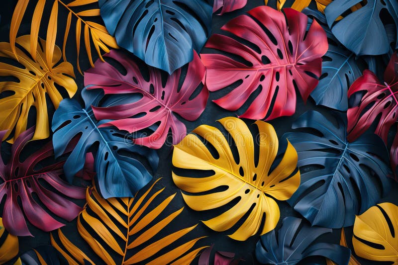Multi-colored Monstera Leaves on a Black Background. Beautiful Bright ...