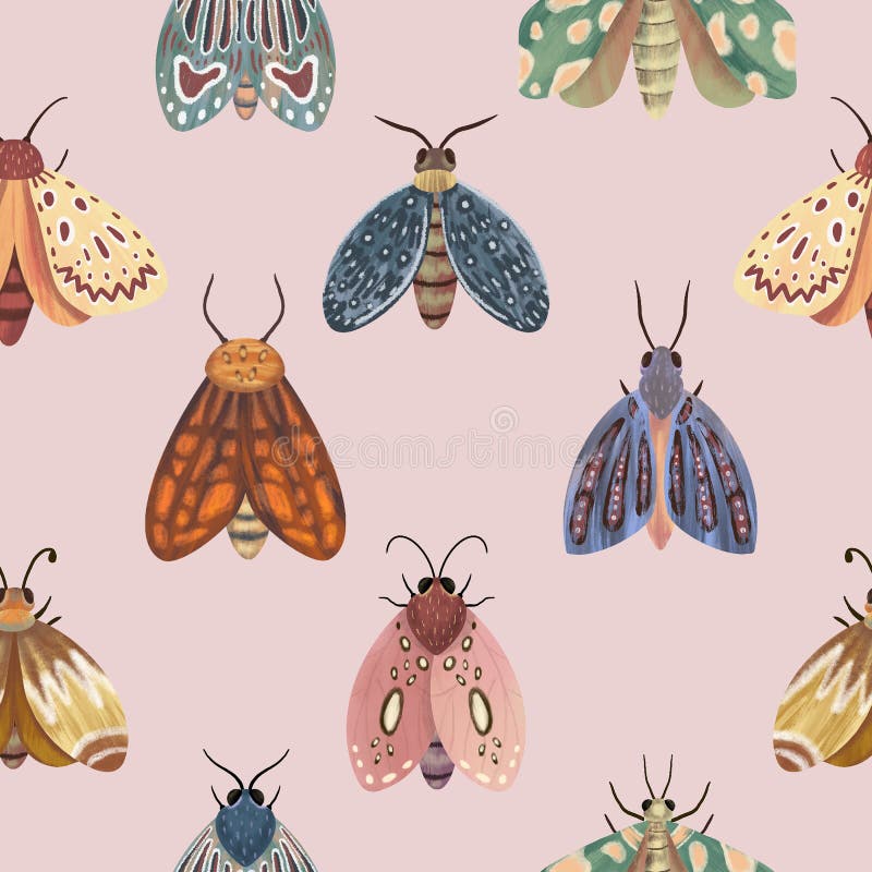 Multi-colored Moths on a Beige Background. Seamless Pattern Stock ...