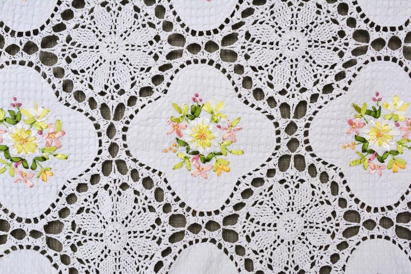 Multi-colored Ornate Floral Pattern on White Cotton Lace Tablecloth ...