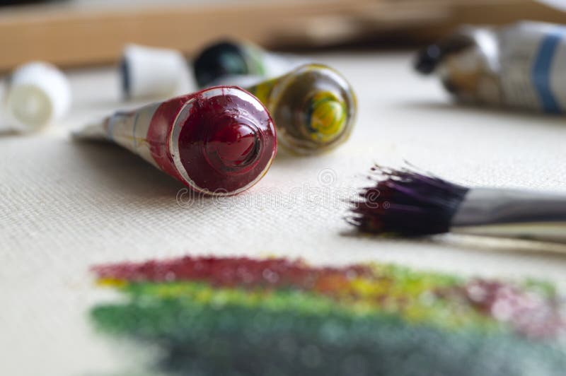 Multi-colored Paint and Brush on Canvas Stock Image - Image of drawing ...