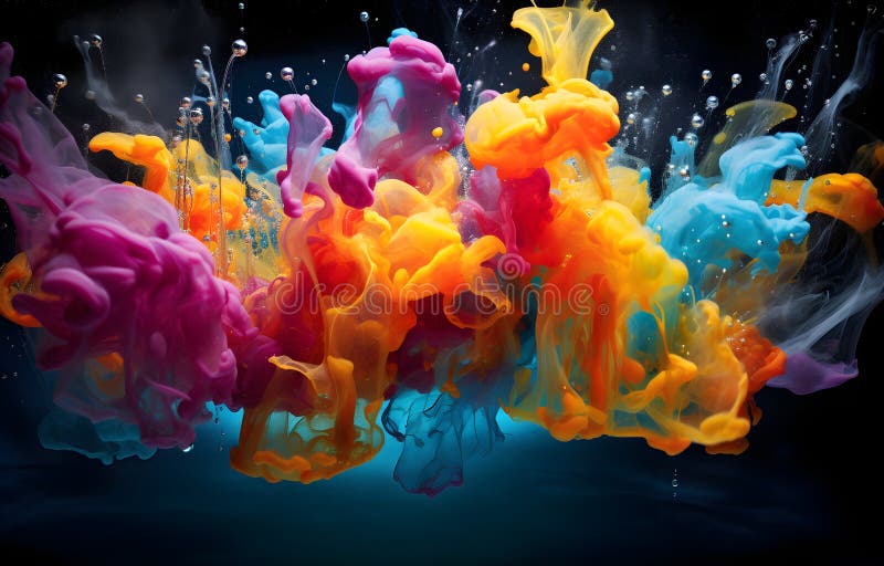 Multi-colored Paints Flow Down in Blue Transparent Water Underwater ...