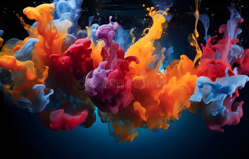 Multi-colored Paints Flow Down in Blue Transparent Water Underwater ...