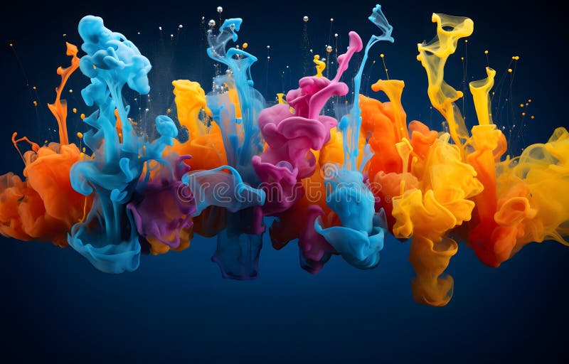 Multi-colored Paints Flow Down in Blue Transparent Water Underwater ...